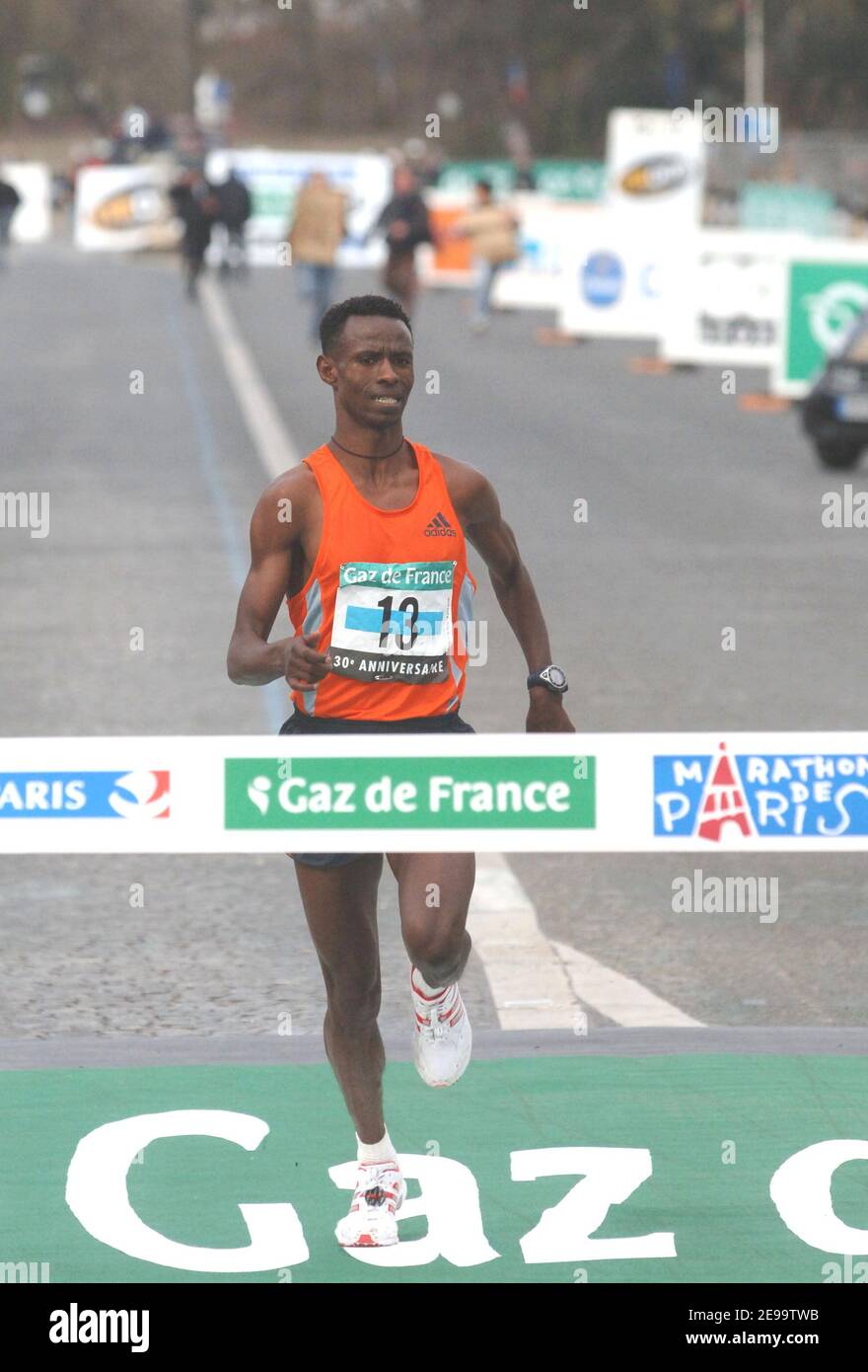 Ethiopia's Gashaw Melese crosses the finish line and wins t the 30th edition of the Paris ...