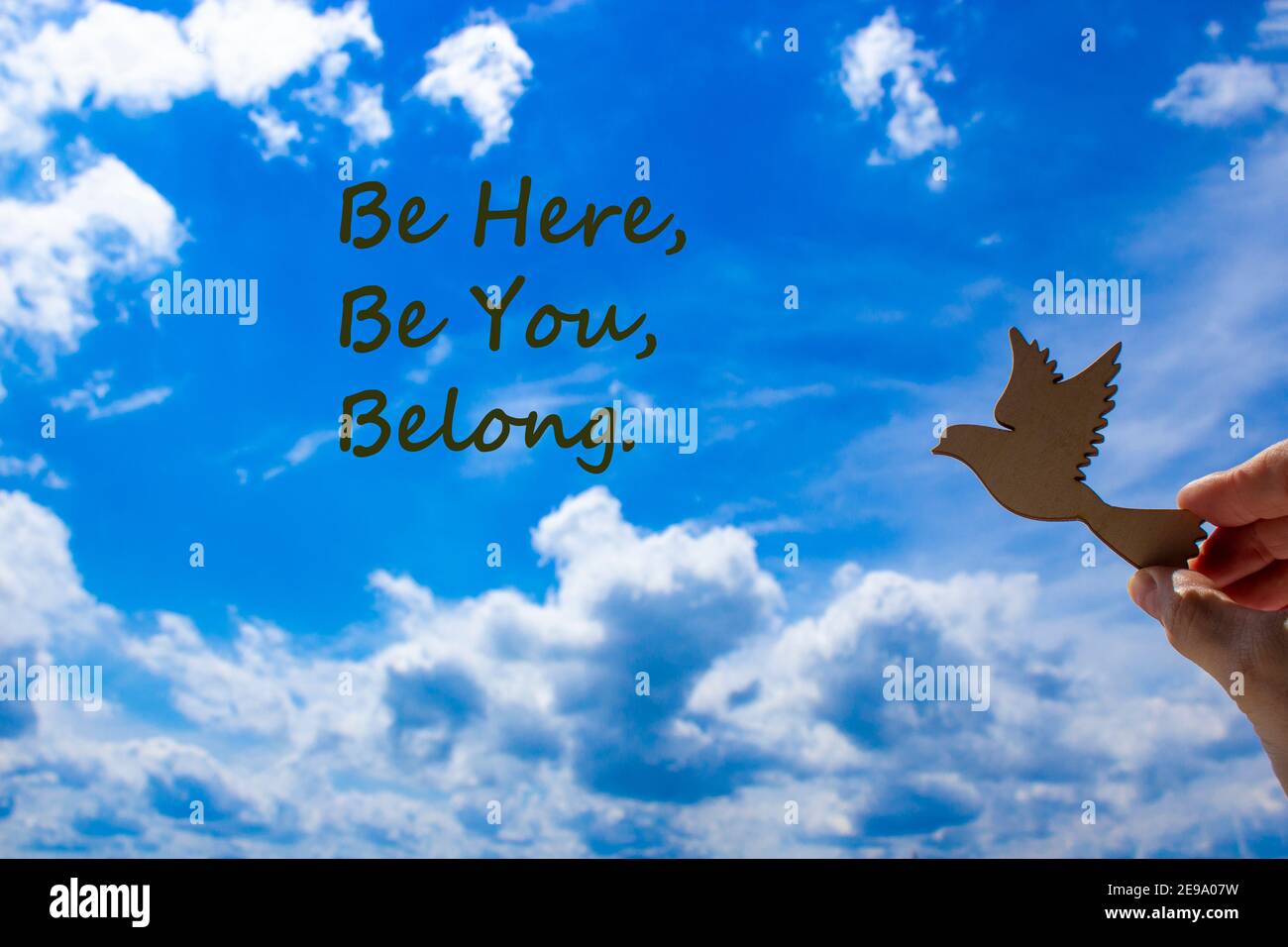 Belong symbol. Man hand holding wooden bird on cloud blue sky ...