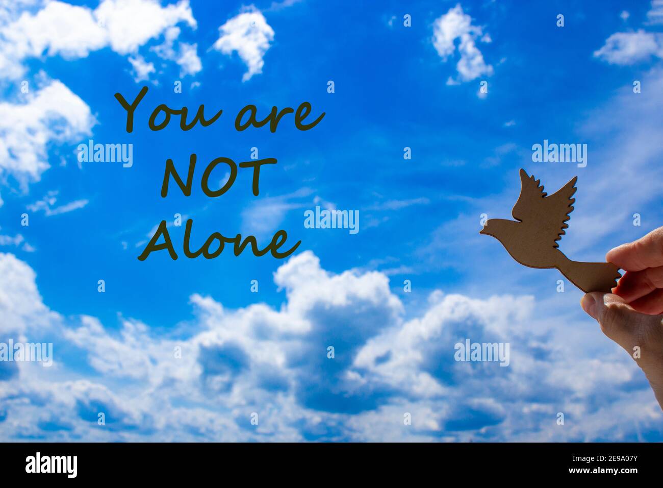 You are not alone symbol. Man hand holding wooden bird on cloud blue ...