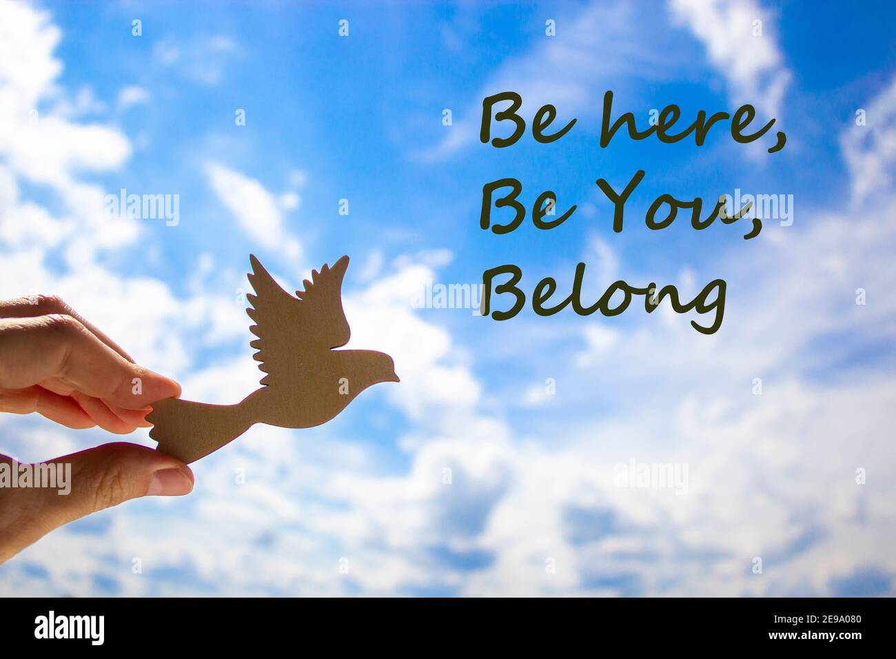 Belong symbol. Man hand holding wooden bird on cloud blue sky ...