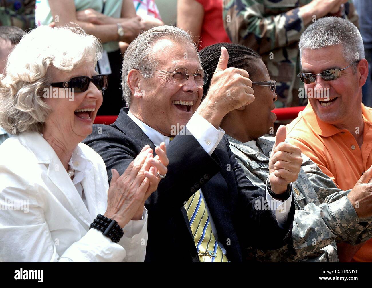 Secretary of Defense Donald Rumsfeld and his wife Joyce (L) share a ...