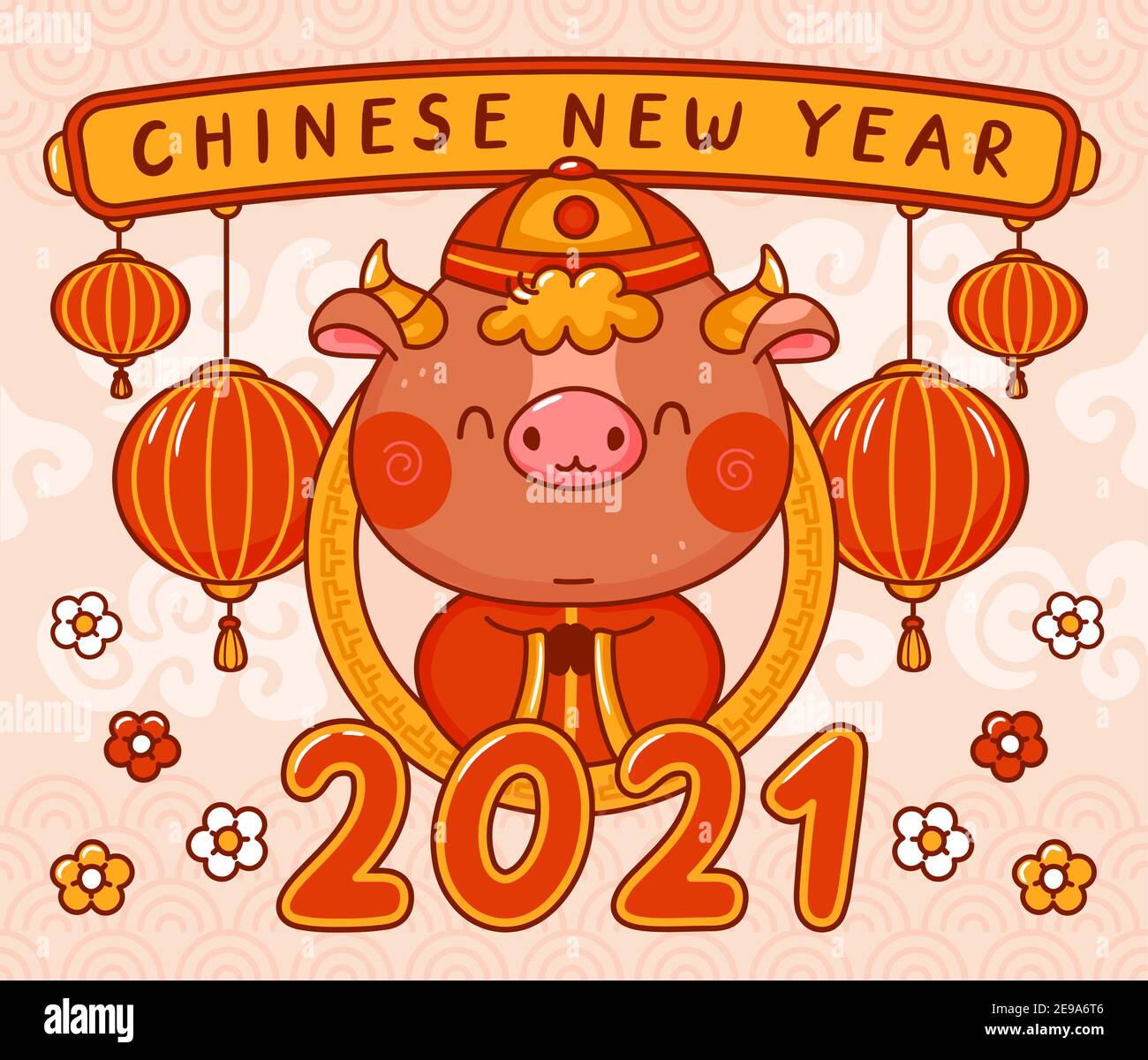 Chinese new year 2021 year of the ox. Vector kawaii cartoon line ...