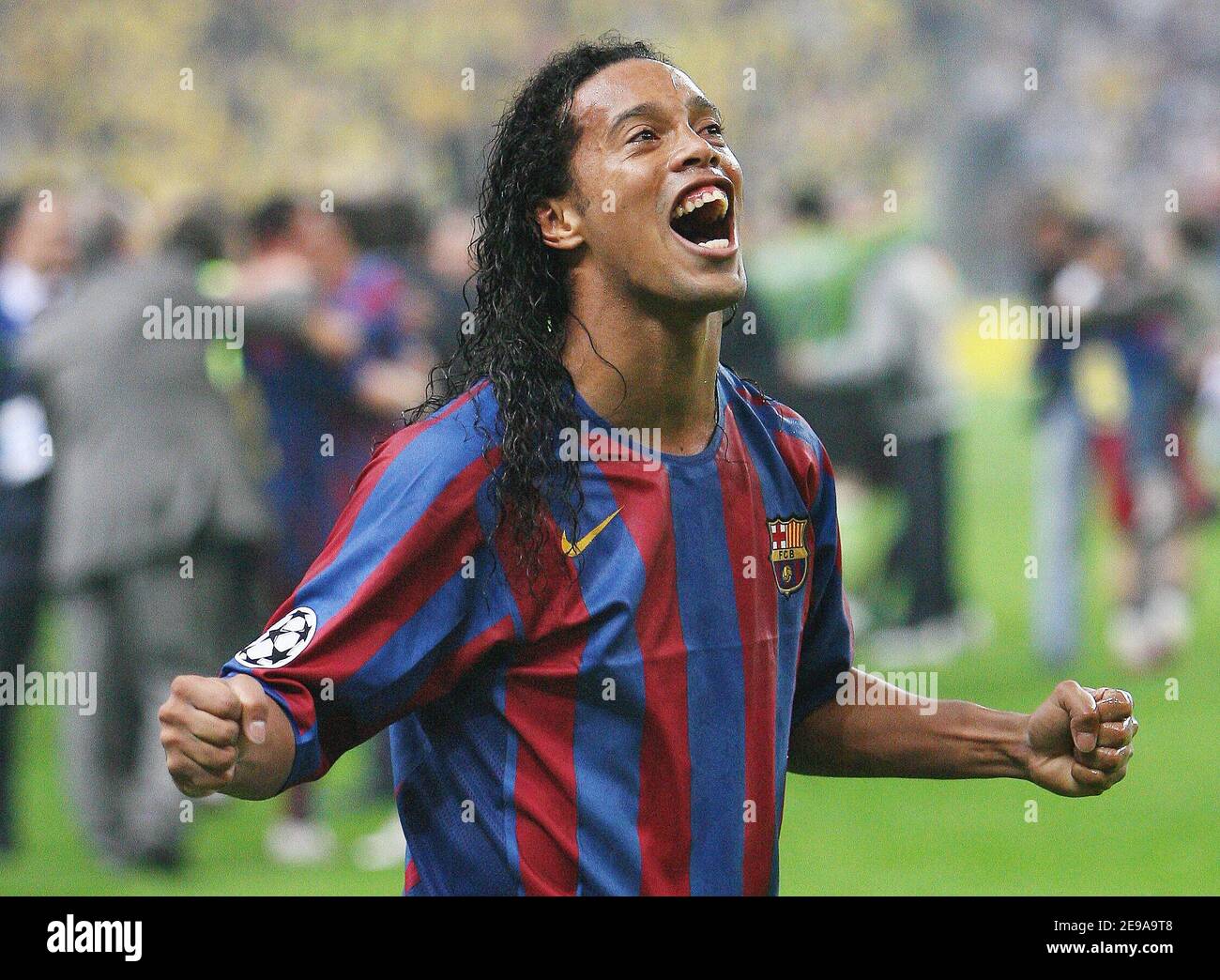 Barcelonas ronaldinho celebrates victory in the champions league final ...
