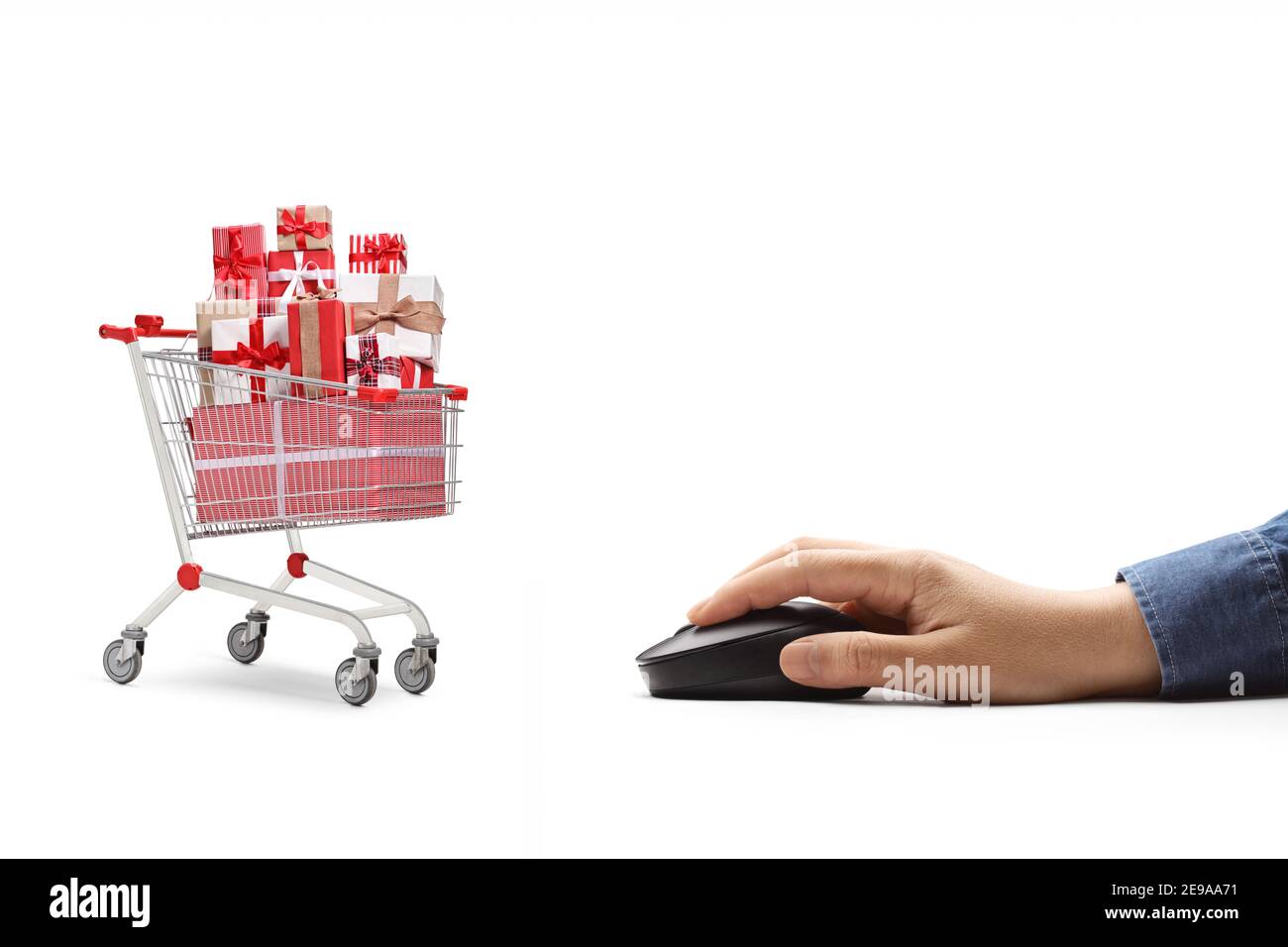 Male hand clicking on a computer mouse and a shopping cart with ...