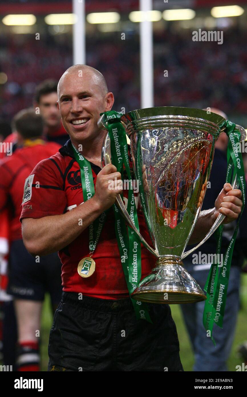 Munster's Peter Stringer celebrates the victory with the Cup during the ...