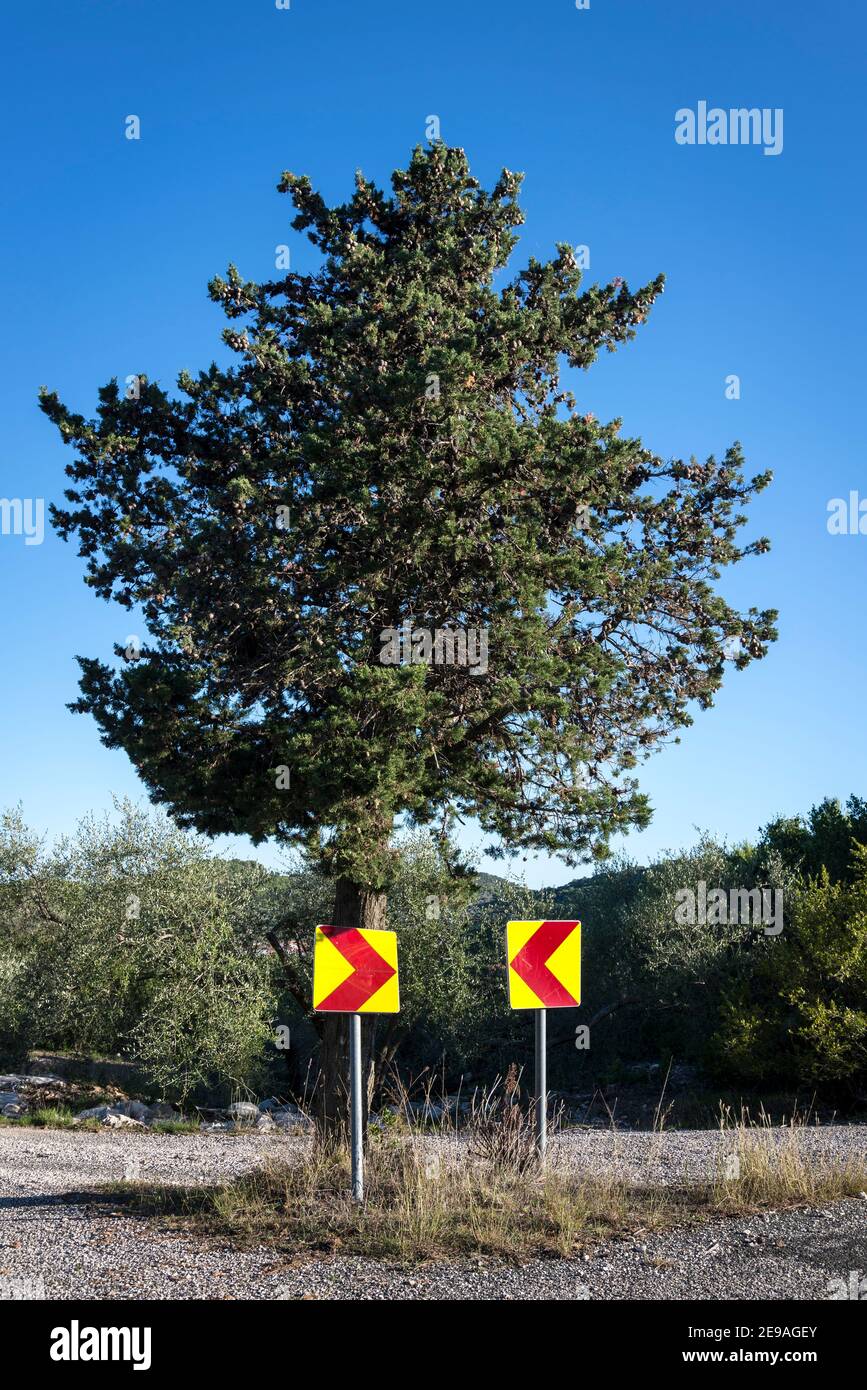 Confusing road signs, Island of Iz, Zadar archipelago, Dalmatia ...