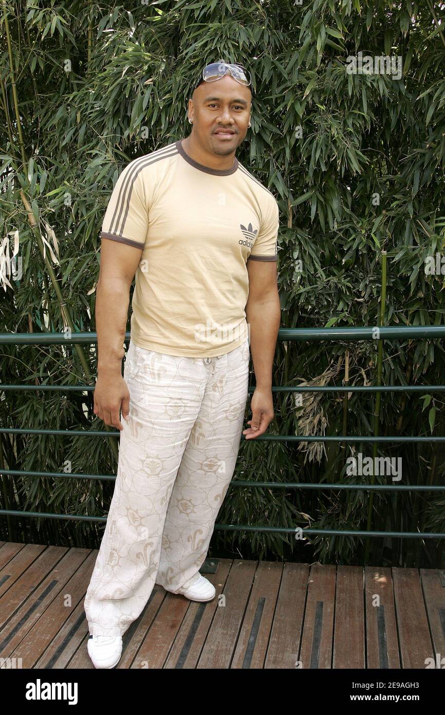 New Zealand rugby star Jonah Lomu poses in the 'VIP Village' during the ...