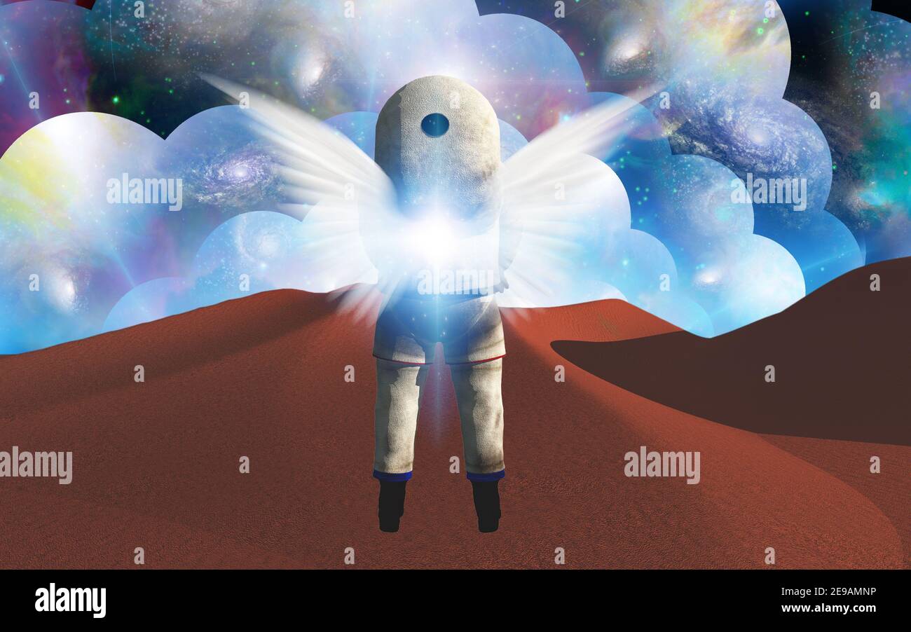 Astronaut on another planet. Multiverse on horizon. 3D rendering Stock ...