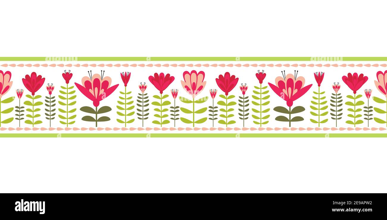 Floating Floral Foliage Folk Style vector seamless pattern border Stock ...