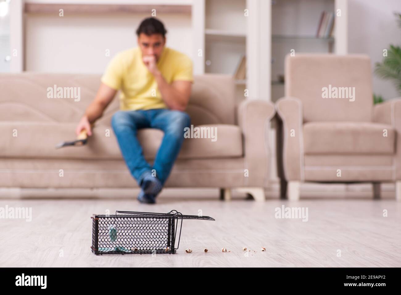 Man and mousetrap at home Stock Photo - Alamy