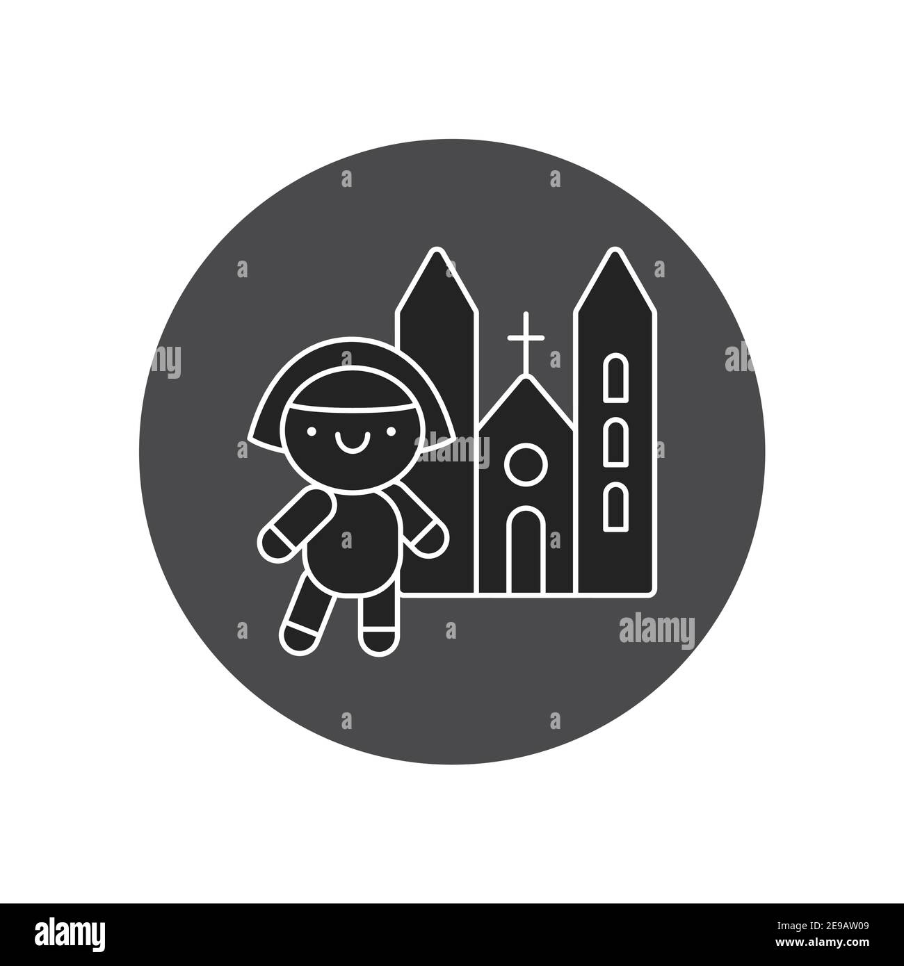 Religious tourism glyph black icon. Cute girl near church kawaii ...