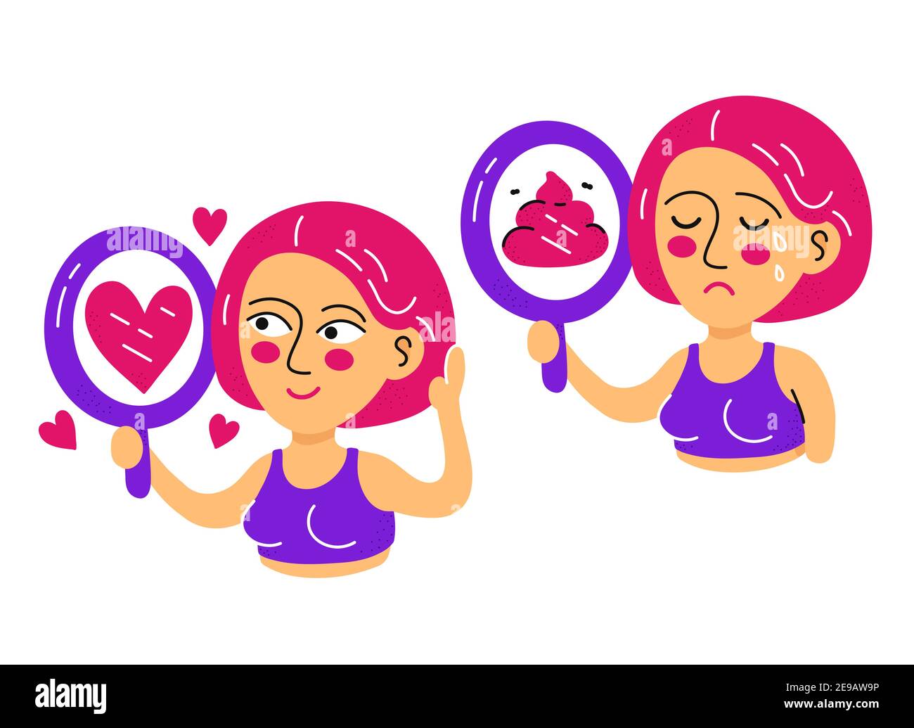 Cute woman look at mirror set. Vector flat cartoon kawaii character hand drawn illustration icon ...