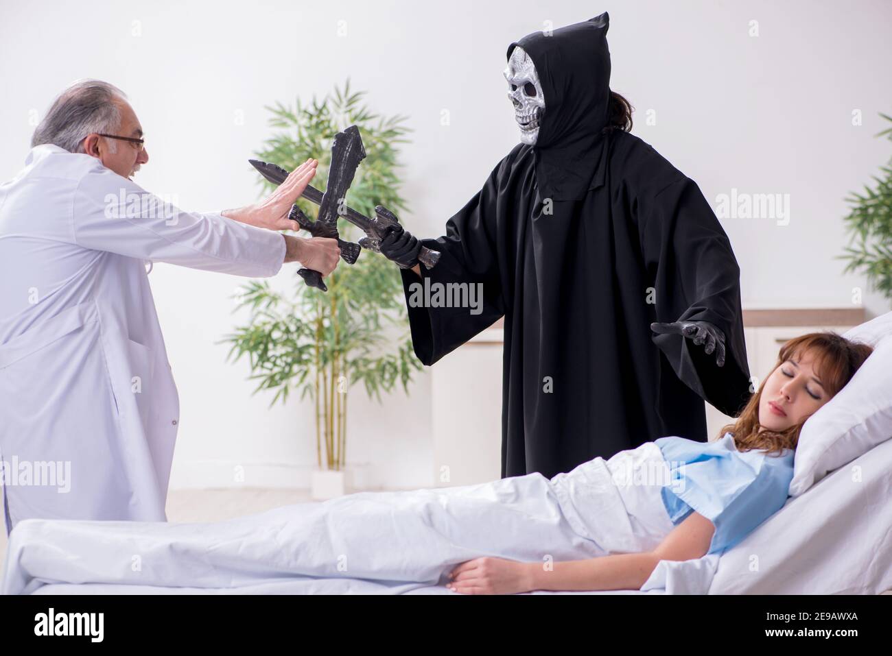 Devil, old doctor and female patient in clinic Stock Photo - Alamy