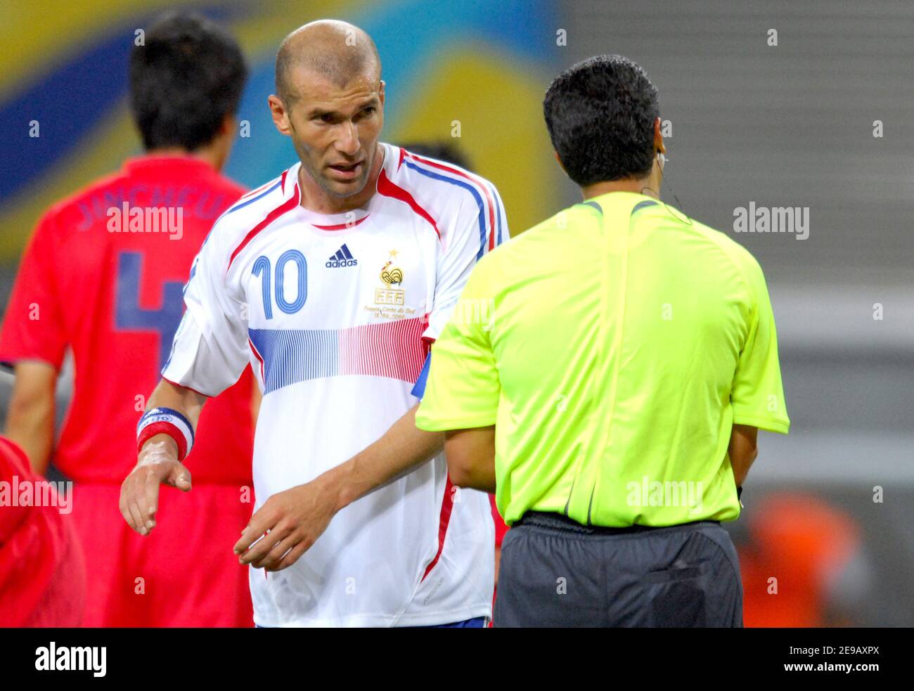 France's Zinedine Zidane and referee during the World Cup 2006, Group G ...