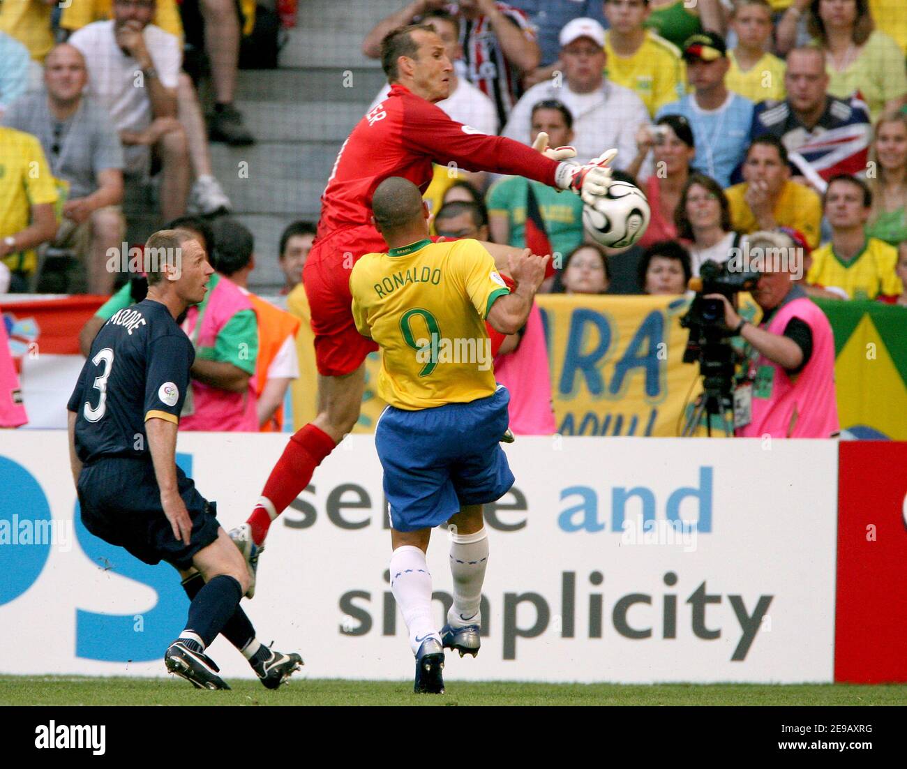 Australia's Craig Moore, goalkeeper Mark Schwarzer and Brazil's Ronaldo ...