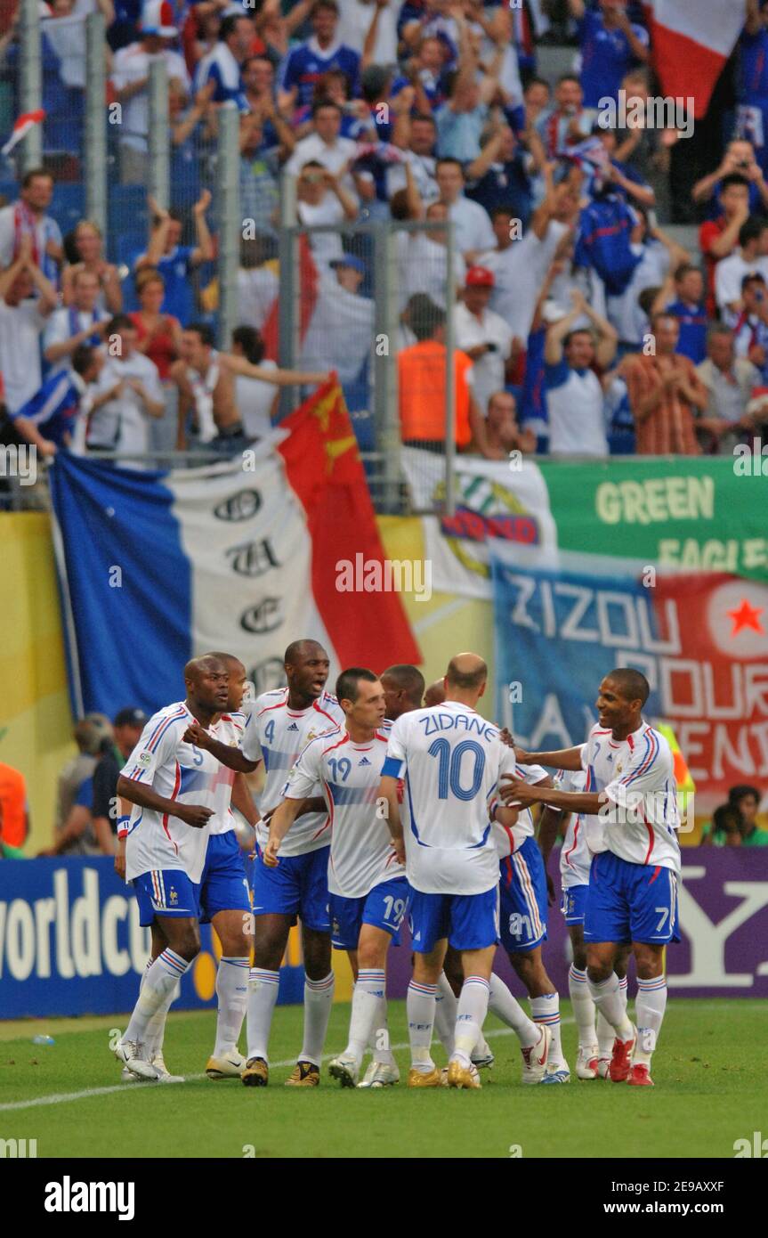 France's soccer team celebrates the first goal during the World Cup ...