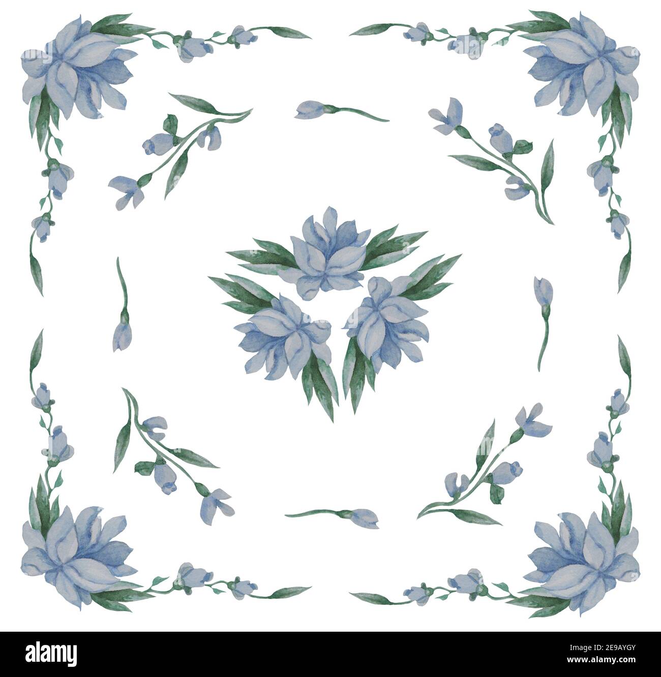 Floral pattern. Squared botanical frame made of blue flowers, buds ...