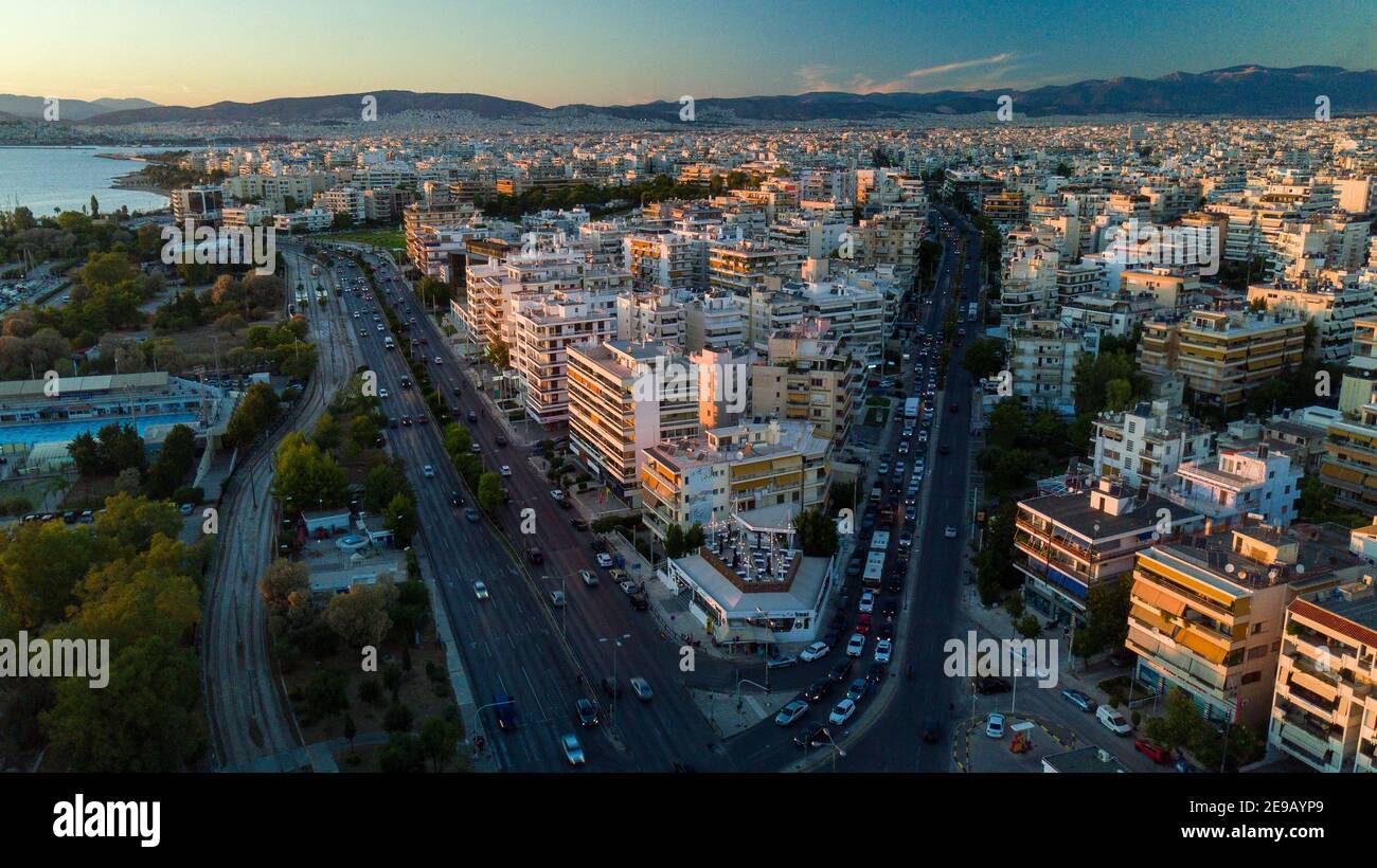 Aerial shot of a wonderful city with huge streets with cars and many ...