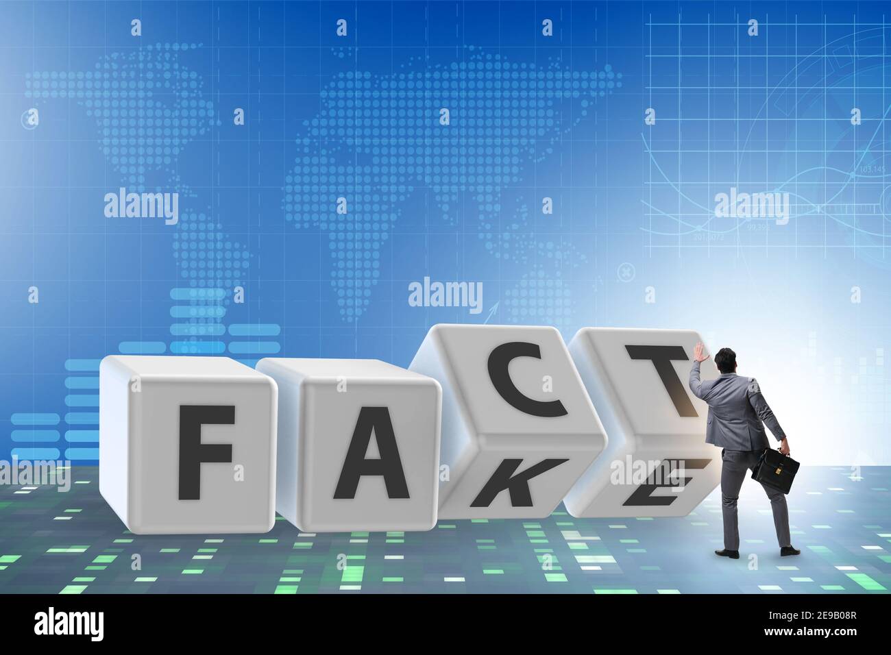 Face or fact concept with turning cubes with letters Stock Photo - Alamy