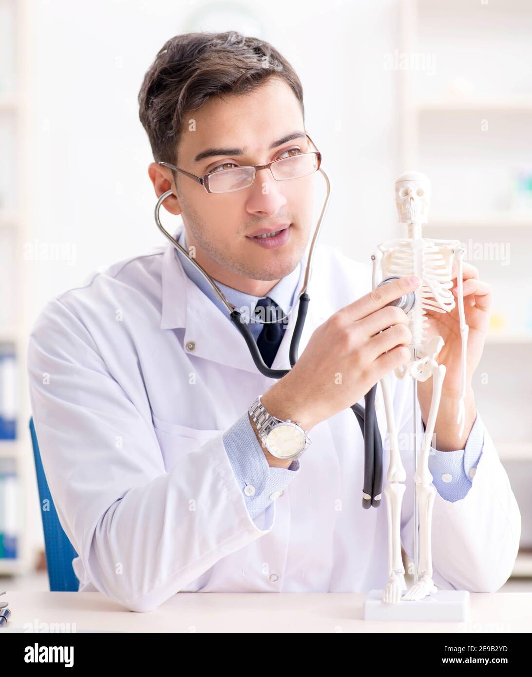 The doctor explaining human body on skeleton Stock Photo - Alamy