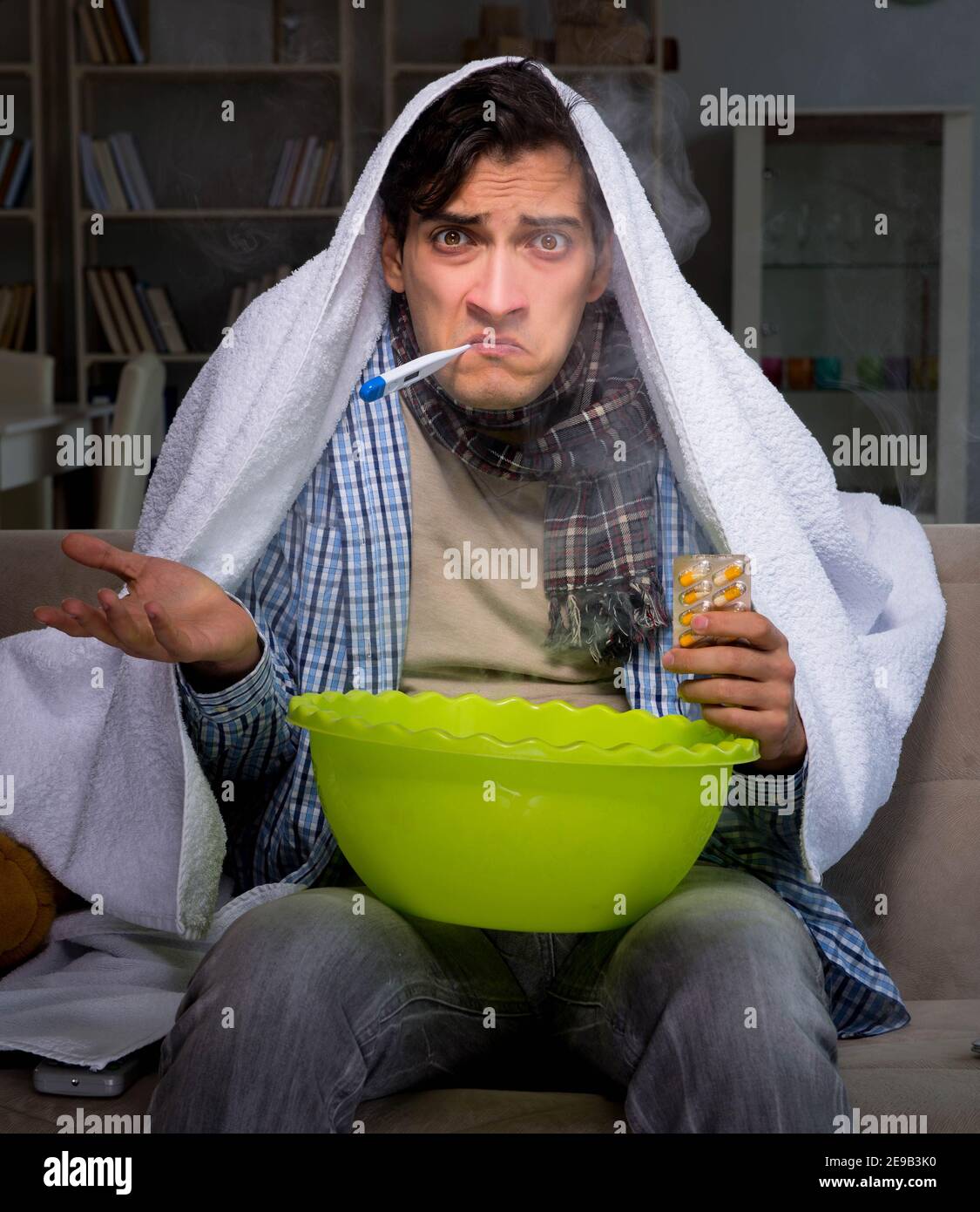The sick man doing inhalation at night in home Stock Photo - Alamy