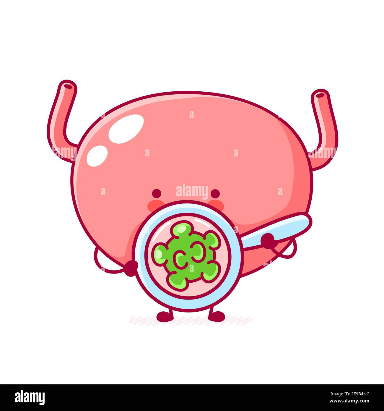 Cute funny human bladder organ character look at virus. Vector flat ...