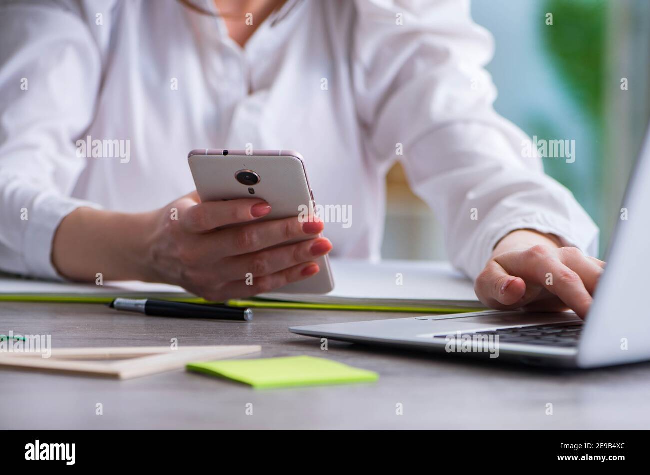The woman hands working on computer at desk Stock Photo - Alamy