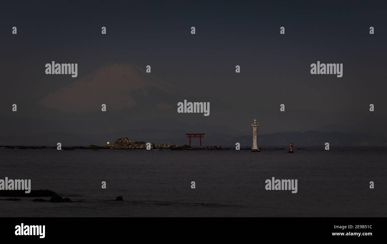 An early morning of Mount Fuji from Hayama, Japan before the sun rises ...