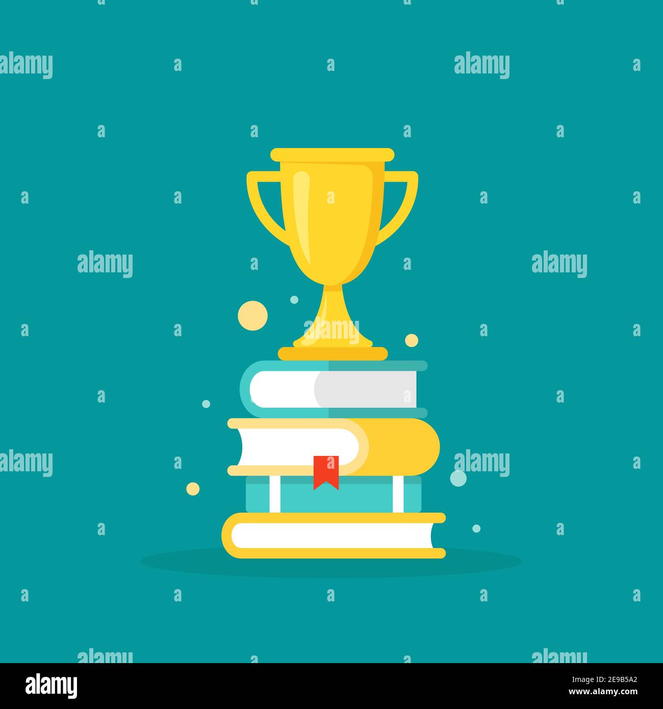 stack of books with gold trophy or winning cup. Isolated on powder blue ...