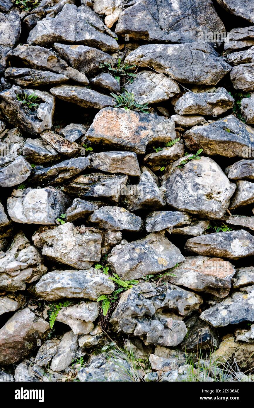 Traditional dry limestone wall constructed without cement, Island of Iz ...