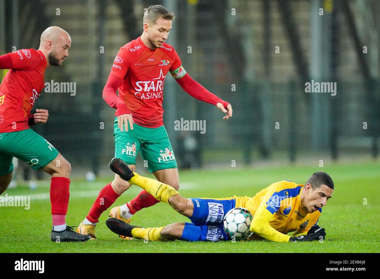 BEVEREN, BELGIUM - FEBRUARY 3: Francois Marquet of KV Oostende, Jordan ...