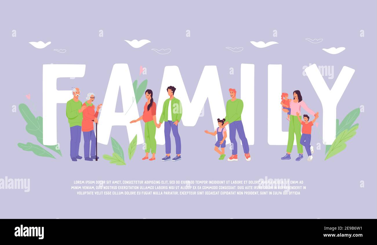 Family web banner header with cartoon characters of family generations ...