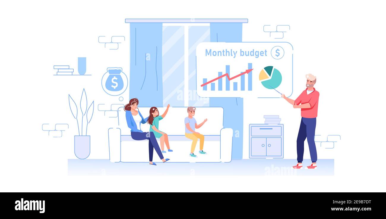 Flat cartoon family teacher characters in class,budget finance ...