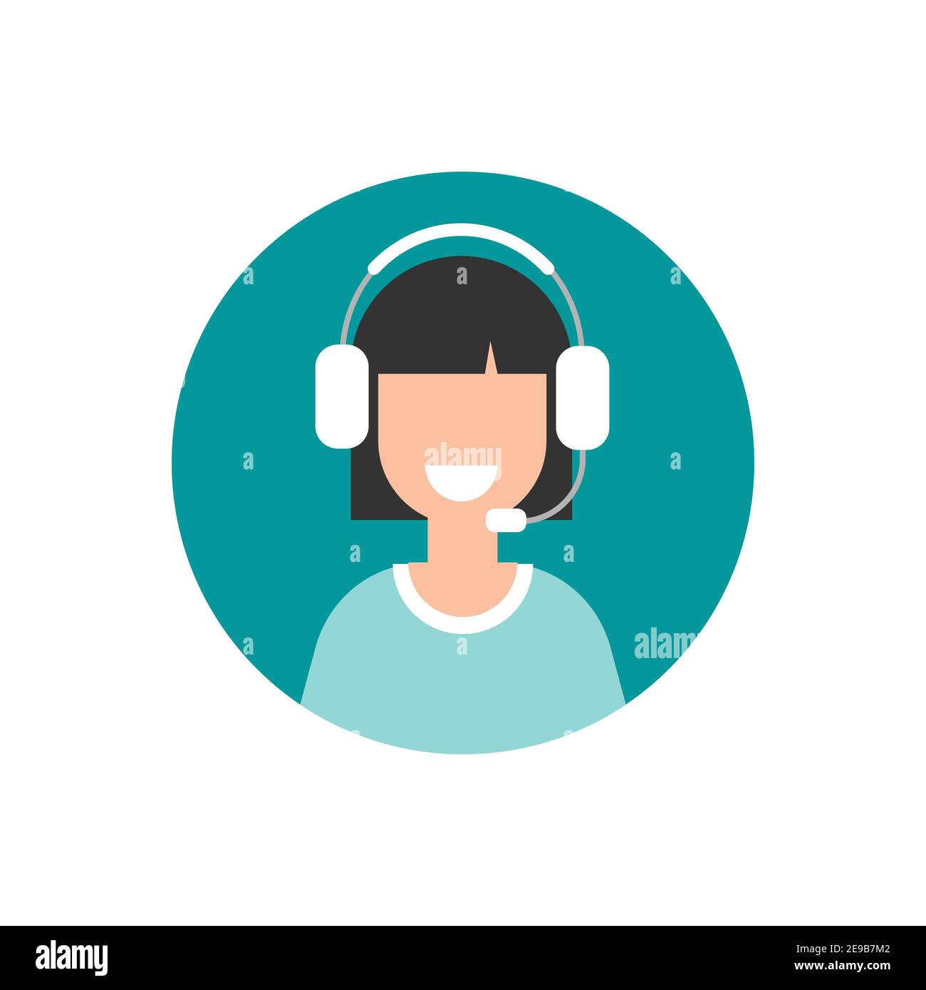 Happy female operator with headphones and microphone in blue circle ...
