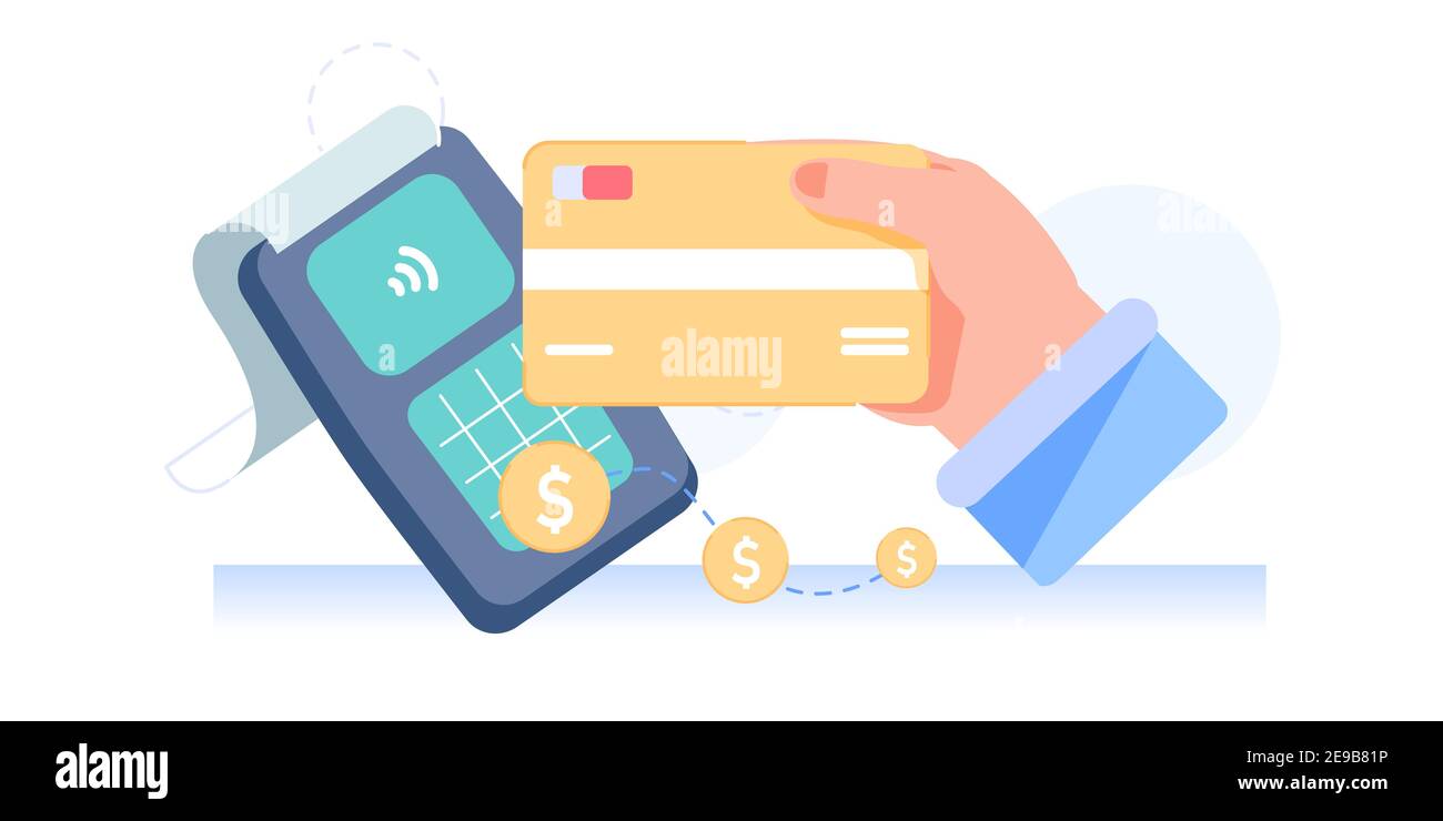 Flat cartoon characters hand makes nfc contactless card payment,vector ...