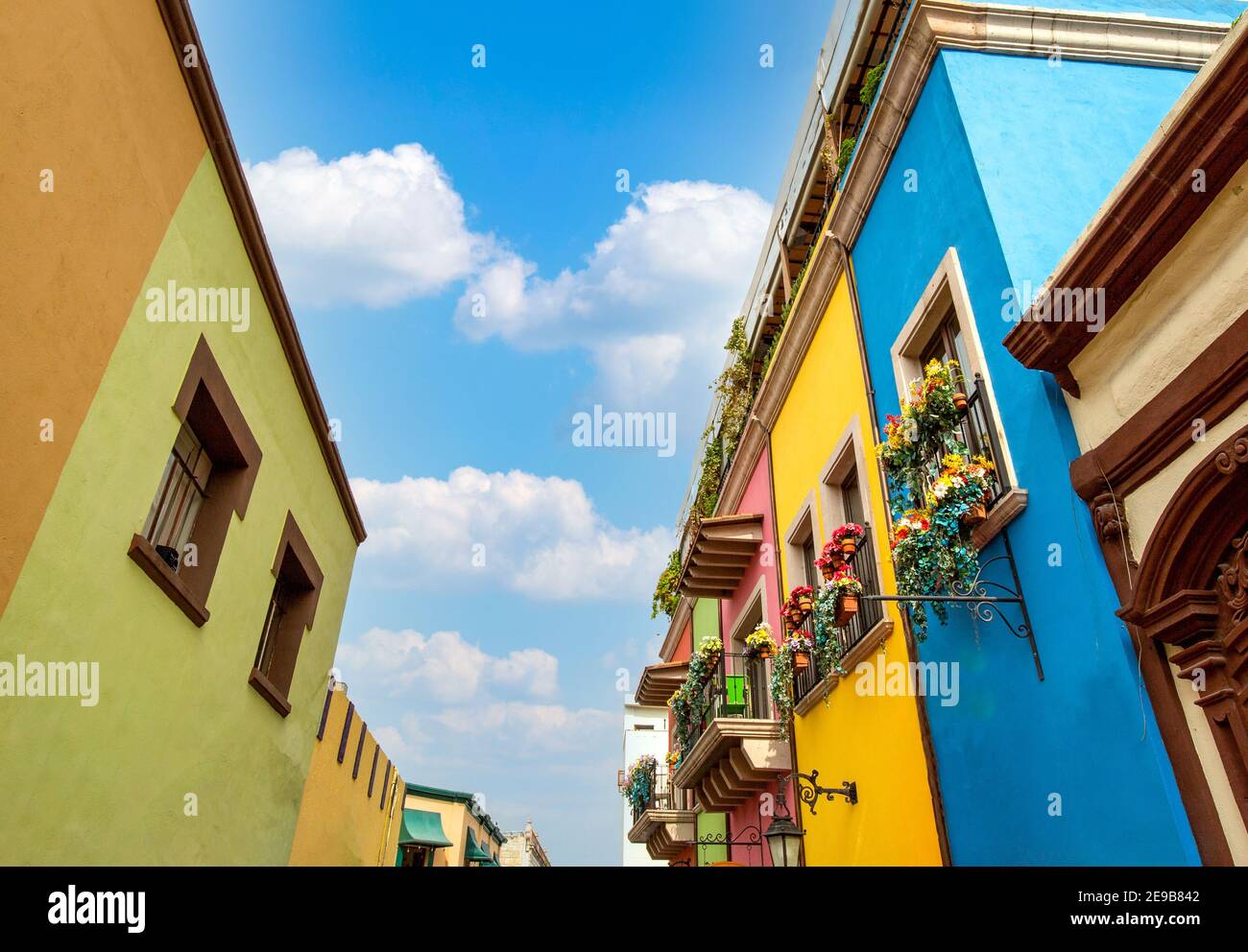 Mexico, Monterrey, colorful historic buildings in the center of the old ...