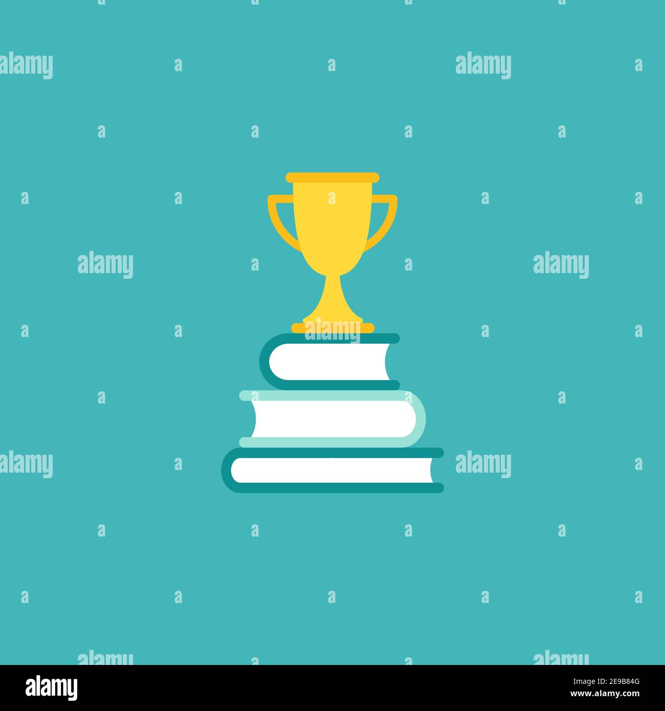 stack of books with gold trophy or winning cup isolated on blue. Flat ...