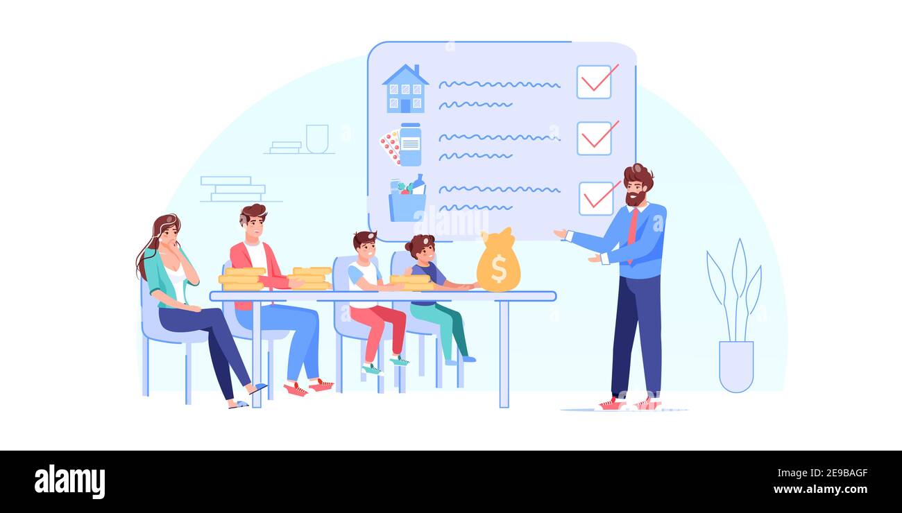 Flat cartoon family teacher characters in class,budget finance ...