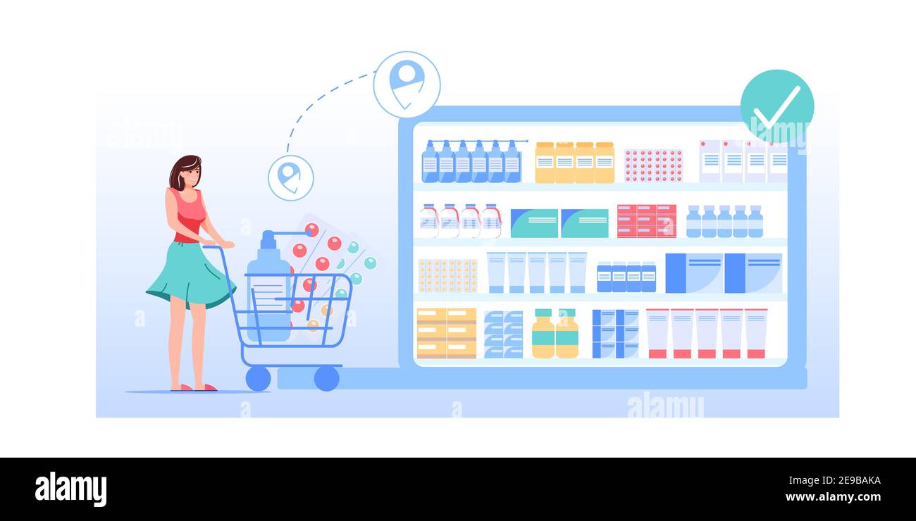 Flat cartoon character orders,buys goods,online pharmacy,telemedicine ...