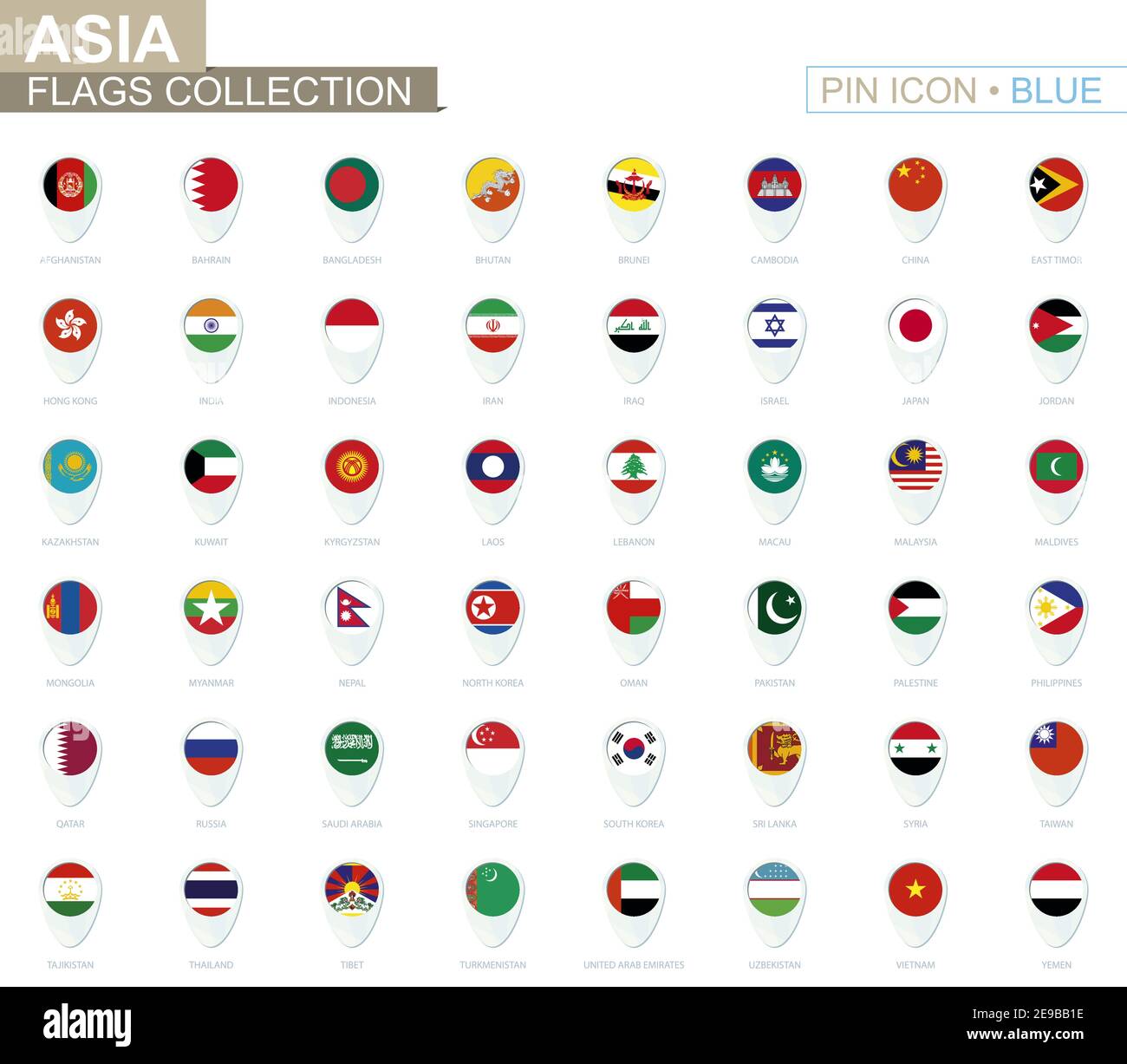 Asia flags collection. Big set of blue pin icon with flags of Asian ...