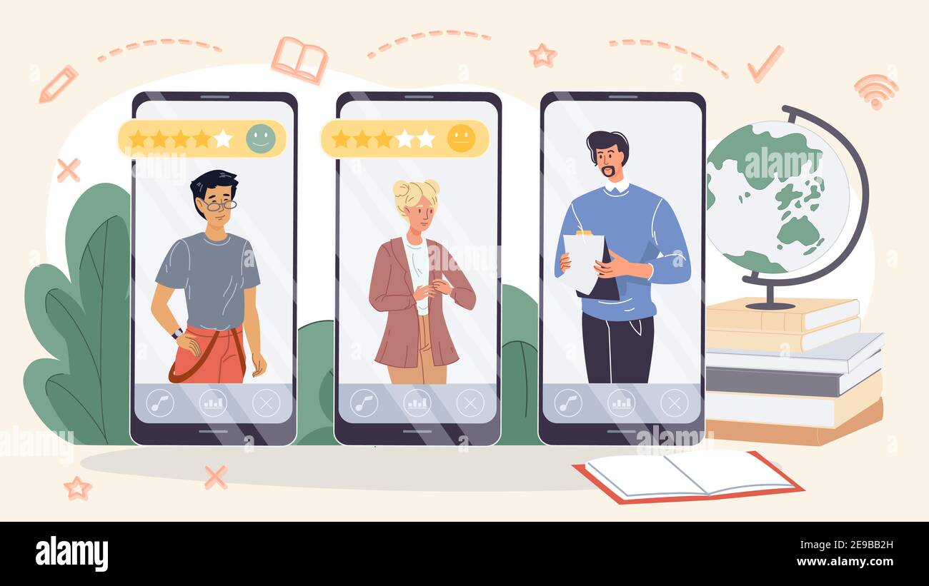 Flat cartoon characters students and teacher,distance online education ...