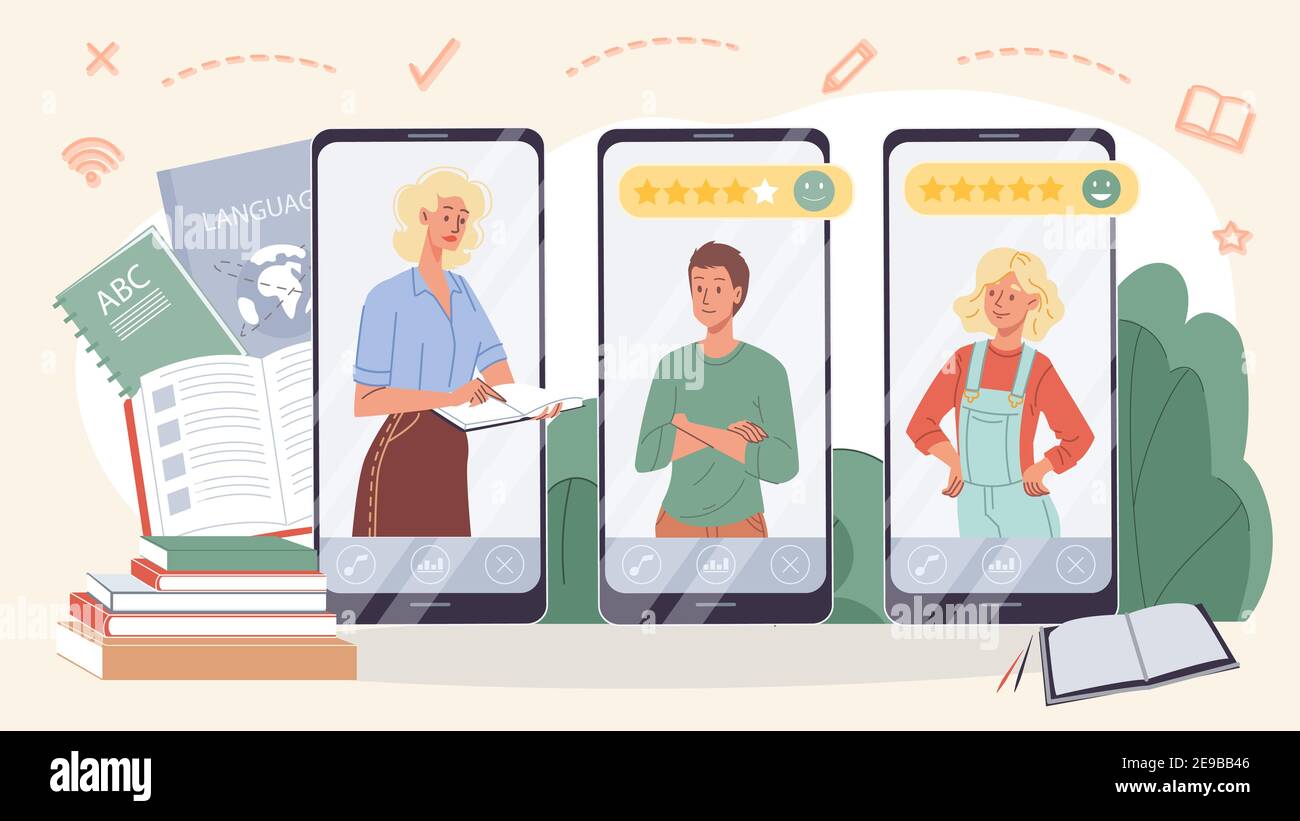 Flat cartoon characters students and teacher,distance online education ...