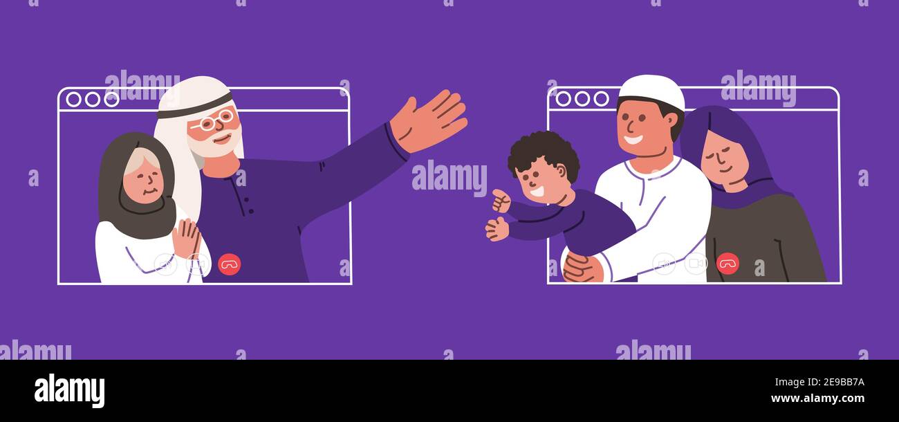 Happy arab family chatting by video call. Young muslim man calls his ...