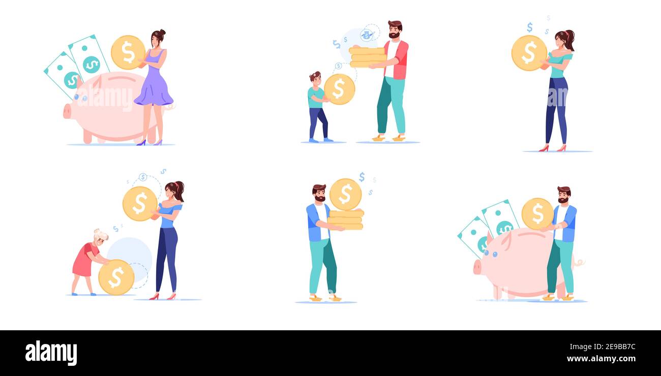 Flat cartoon characters set,family budget finance management,money ...