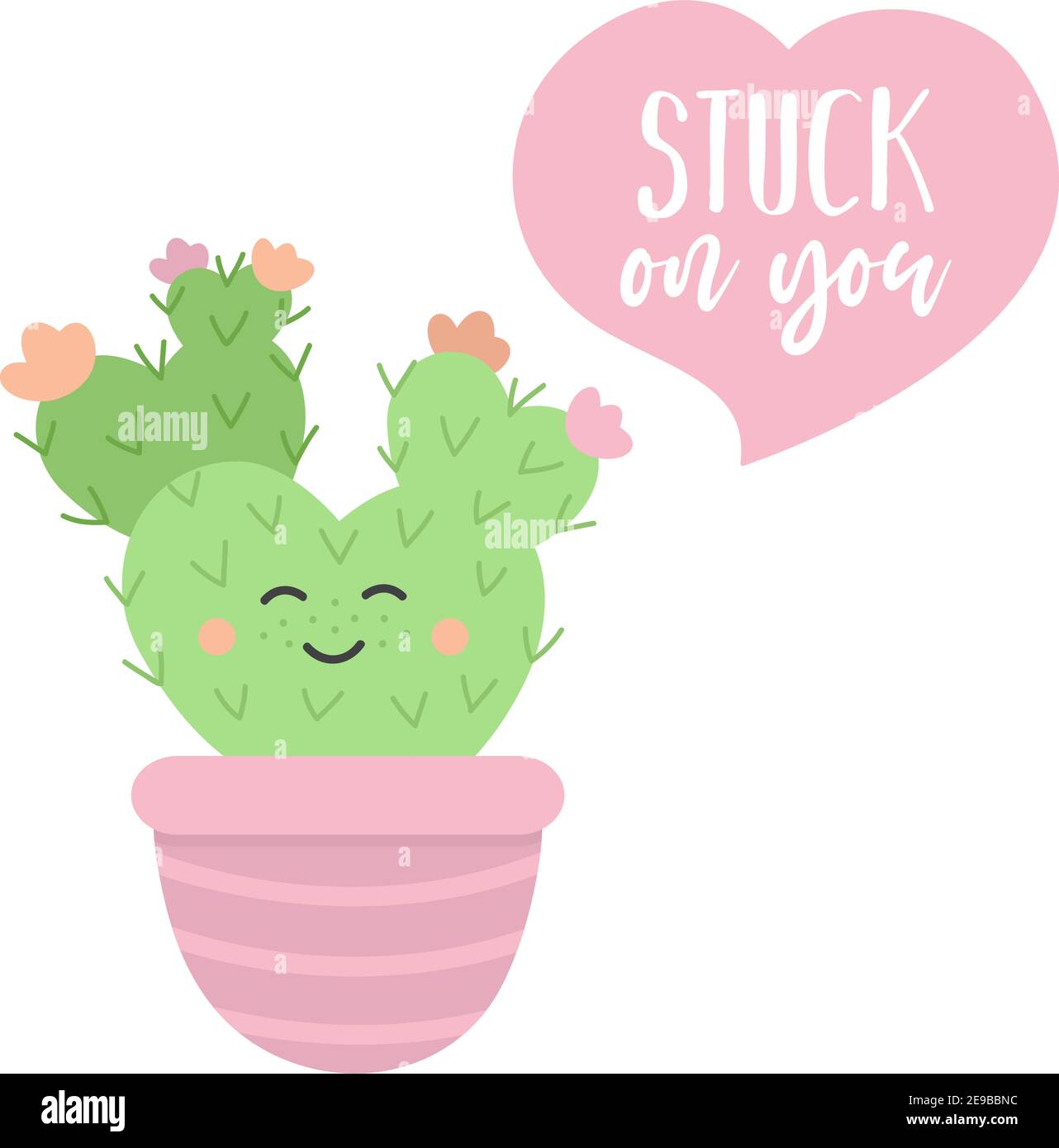 Stuck on you cute cactus vector illustration. Valentine's day greeting ...