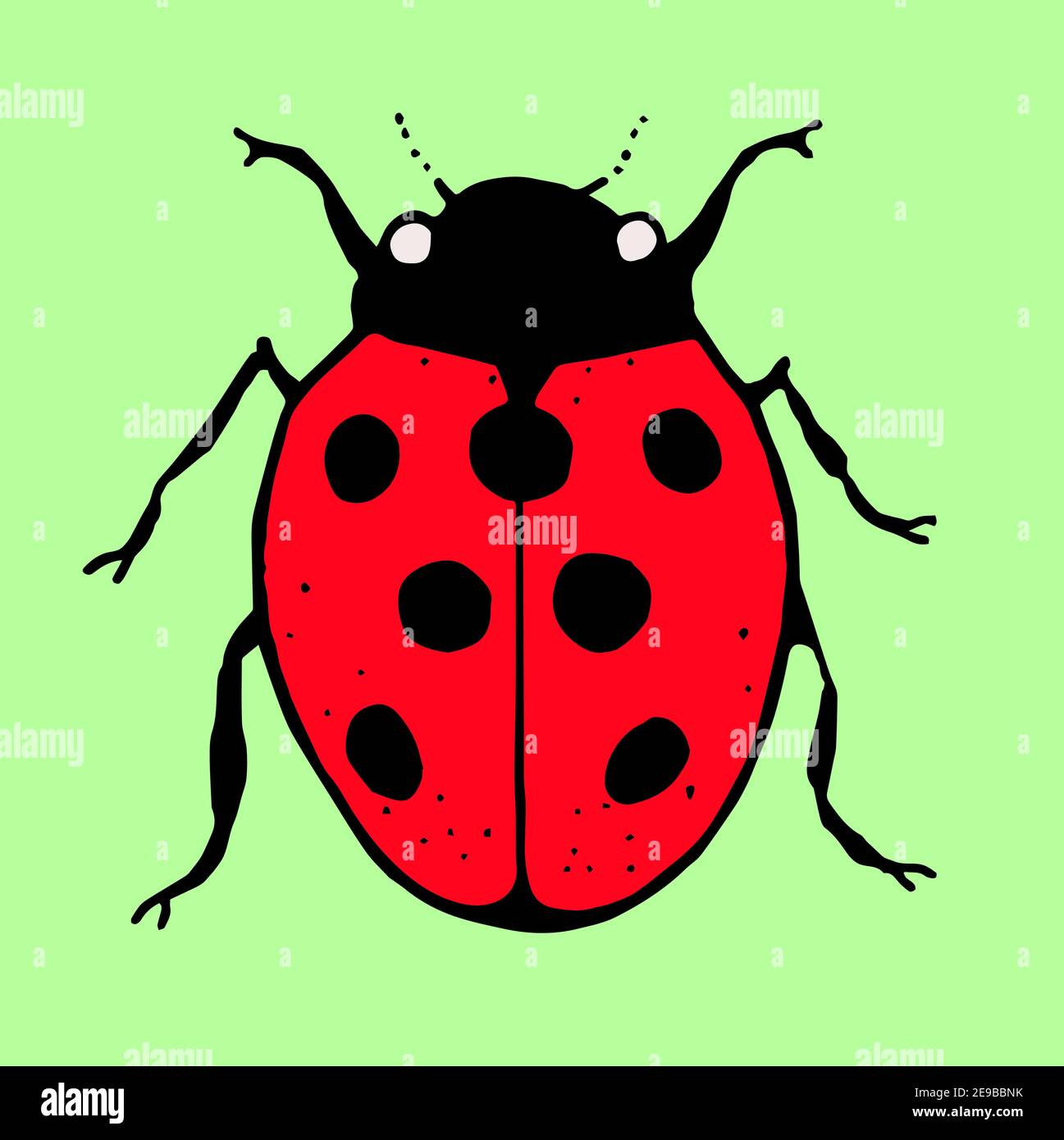 Ladybird, flat color illustration. Background green. Red ladybug sign ...