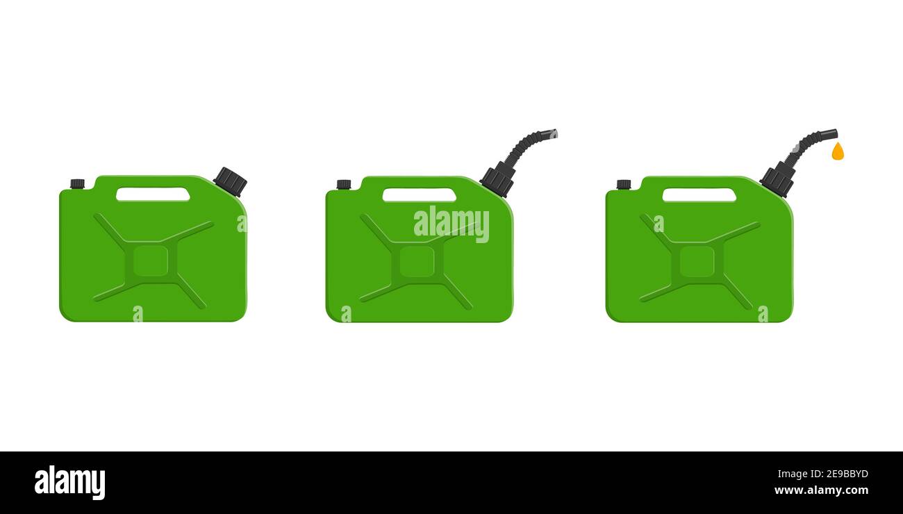 Set of gas cans, gasoline canisters with cap, spout and pouring petrol ...