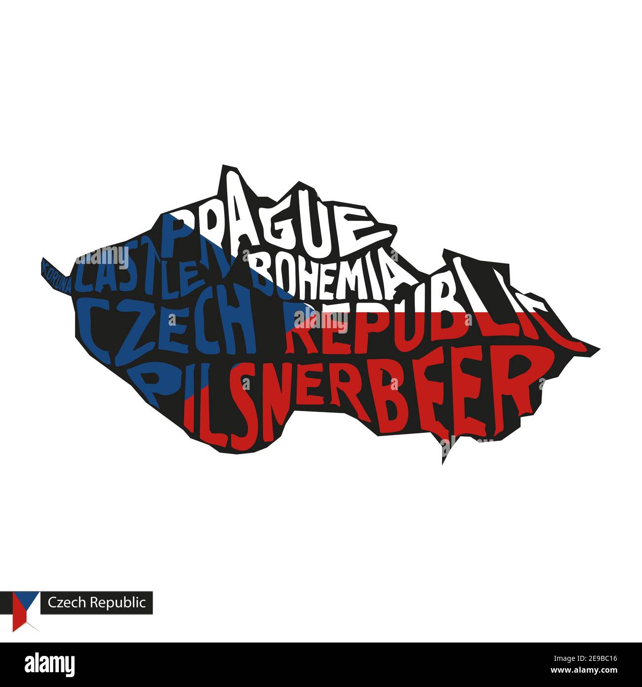 Typography map silhouette of Czech Republic in black and flag colors ...