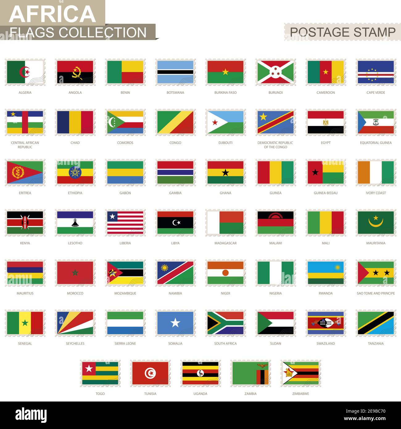 Postage stamp with Africa flags. Set of 53 African flag. Vector ...