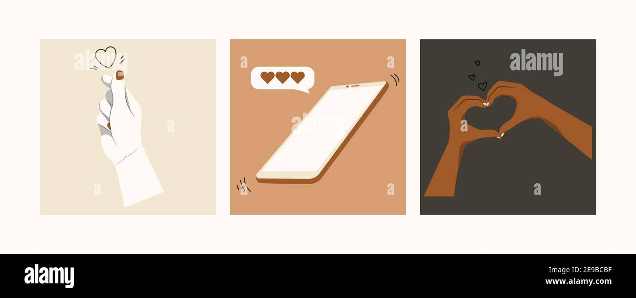 Love stickers pack. Hands folded in a heart, smartphone with message ...